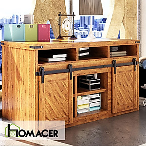 Homacer Mini Black Rustic Non-Bypass Sliding Barn Door Hardware Kit, for Two/Double Doors, 54-inch Long Flat Track, Straight Design Roller, Cabinet TV Stand Console Use…