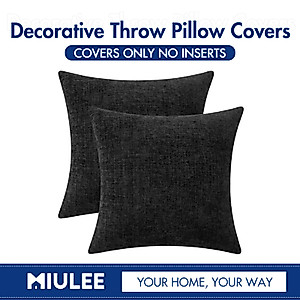 MIULEE Halloween Pack of 2 Couch Throw Pillow Covers 20x20 Inch Soft Black Chenille Pillow Covers for Sofa Living Room Solid Dyed Pillow Cases