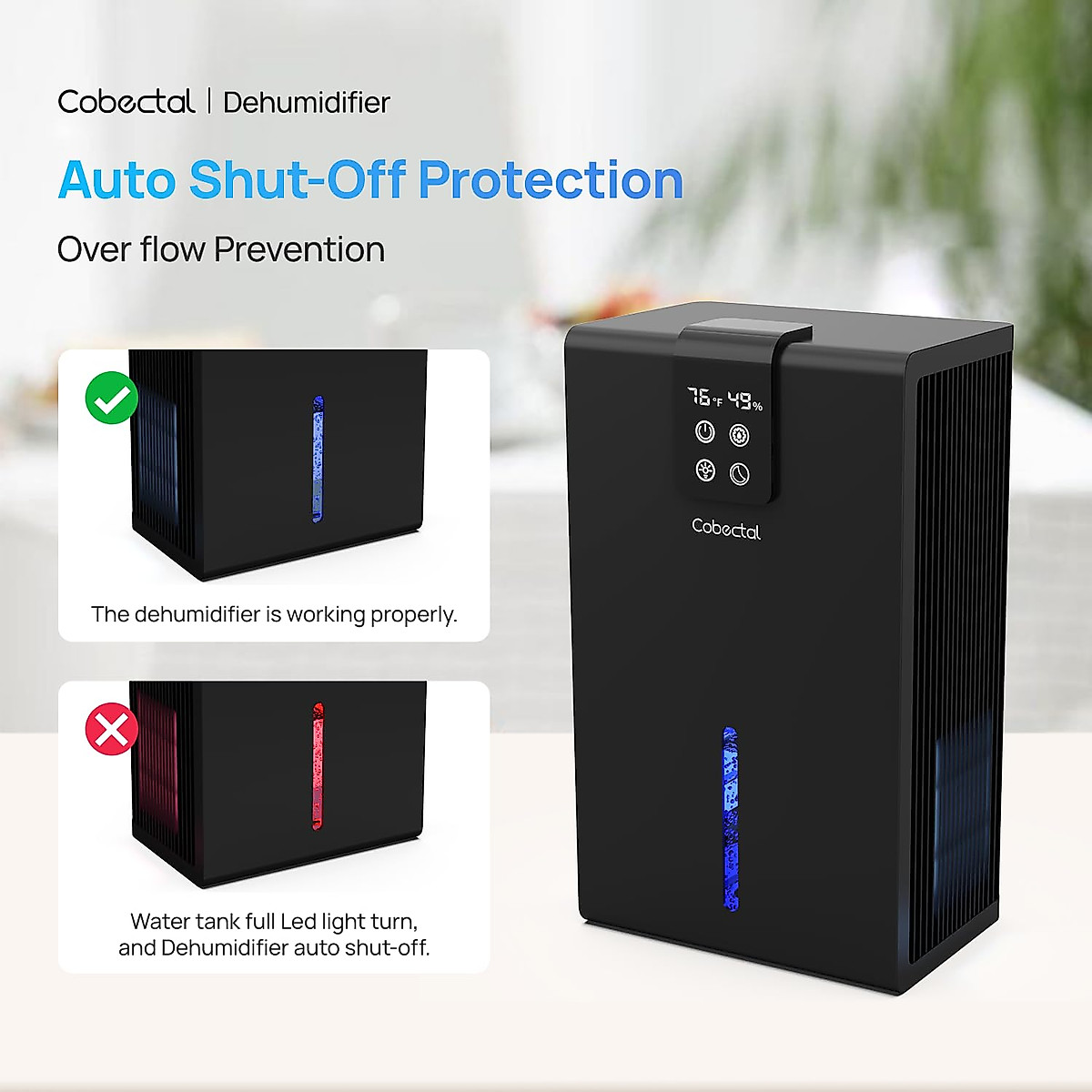 Cobectal Electric Dehumidifier for Home, Portable Dehumidifier Auto Shut Off, 3 Modes with 95oz Water Tank, Air Dehumidifier with Colorful Light for Basement, Bedroom, Bathroom, Closet (Black)