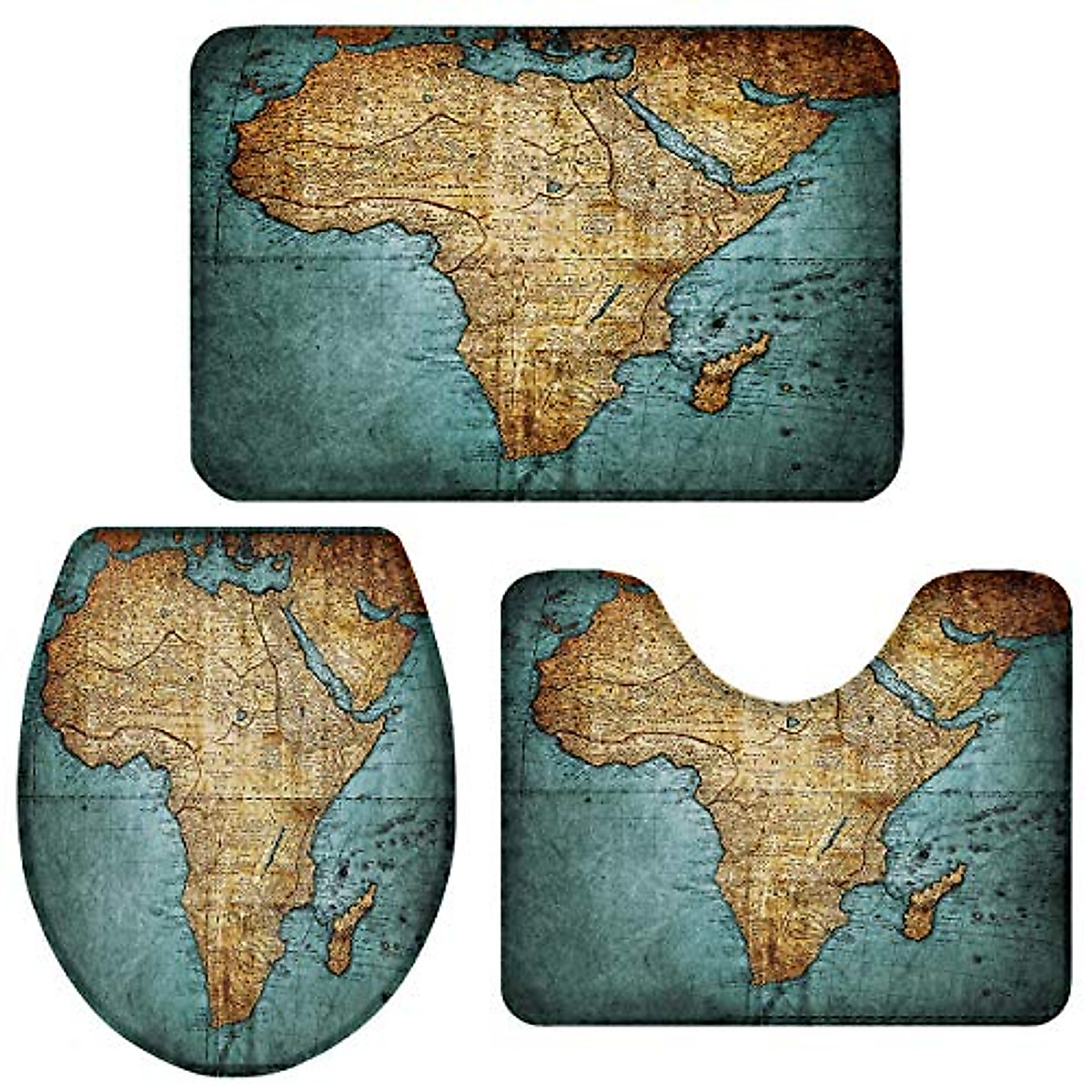 3 Piece Bath Rugs Non-Slip Mat Set Vintage Brown and Green Africa Map Absorbent Carpet Mats Durable Contour Mat and Toilet Seat Cover for Tub Toilet Shower Bathroom