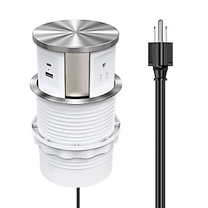 Pop Up Outlet for Countertop, Retractable Recessed Power Strip with 3 Outlets 1 USB A 1 USB C Port, Automatic Pop Up Outlet for Office Kitchen Island, White