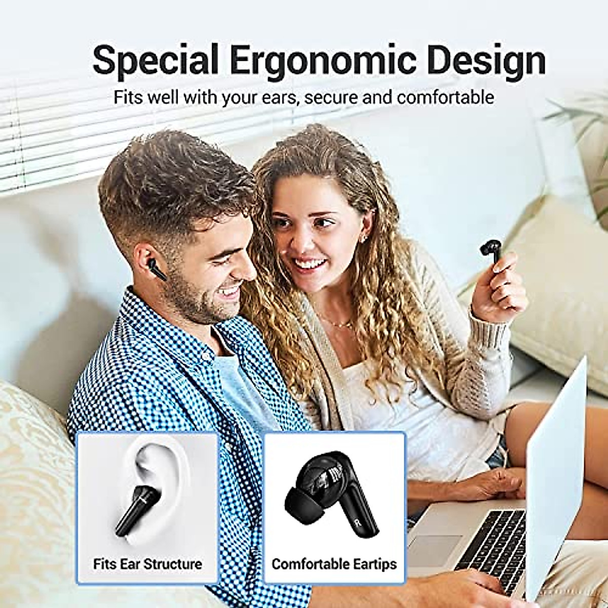 Wireless Earbuds 80H Playtime Noise Canceling Bluethooth Earbuds with Wireless Charging Case in-Ear Earbud with Microphone for Android Cell Phone Gaming Computer Laptop Sport Black