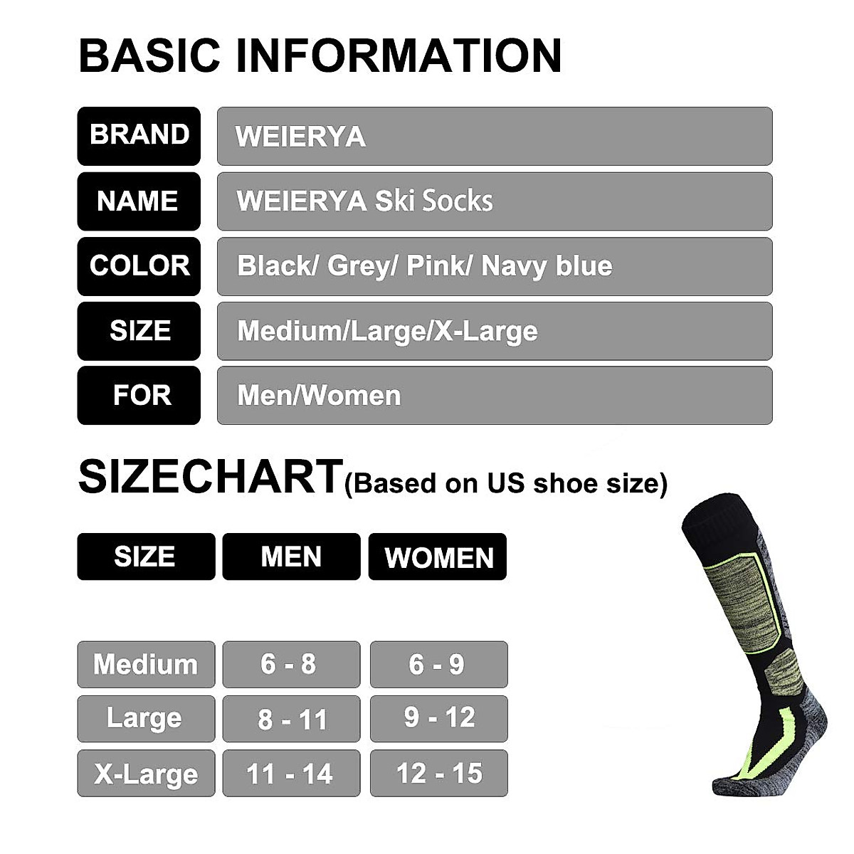 WEIERYA Ski Socks, Warm Knee High Performance Skiing Socks, Snowboard Socks (Black 2 Pairs, Medium)