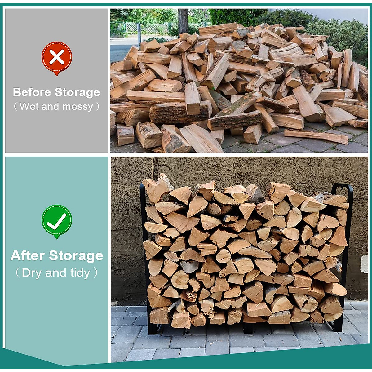 Fandature 4Ft Firewood Rack Adjustable Fireplace Wood Holder For Outdoor Indoor Storage Log - Heavy Duty Fire Log Lumber Stand Stacker, Black