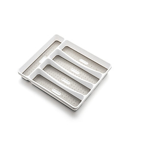 JINAMART Silverware Organizer Tray, Kitchen Utensils Holder and Cutlery Tray with Grooved Drawer Dividers, 5-Compartments Kitchen Drawer Organizer, Non-Slip Rubber Feet BPA-Free (5-compartment)