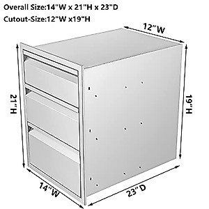 Atatod 14" W Outdoor Kitchen Drawer Stainless Steel BBQ Triple Drawer Flush Mount for Outdoor Kitchen Island(Overall Size:14" W x 21" H x 23" D inch)