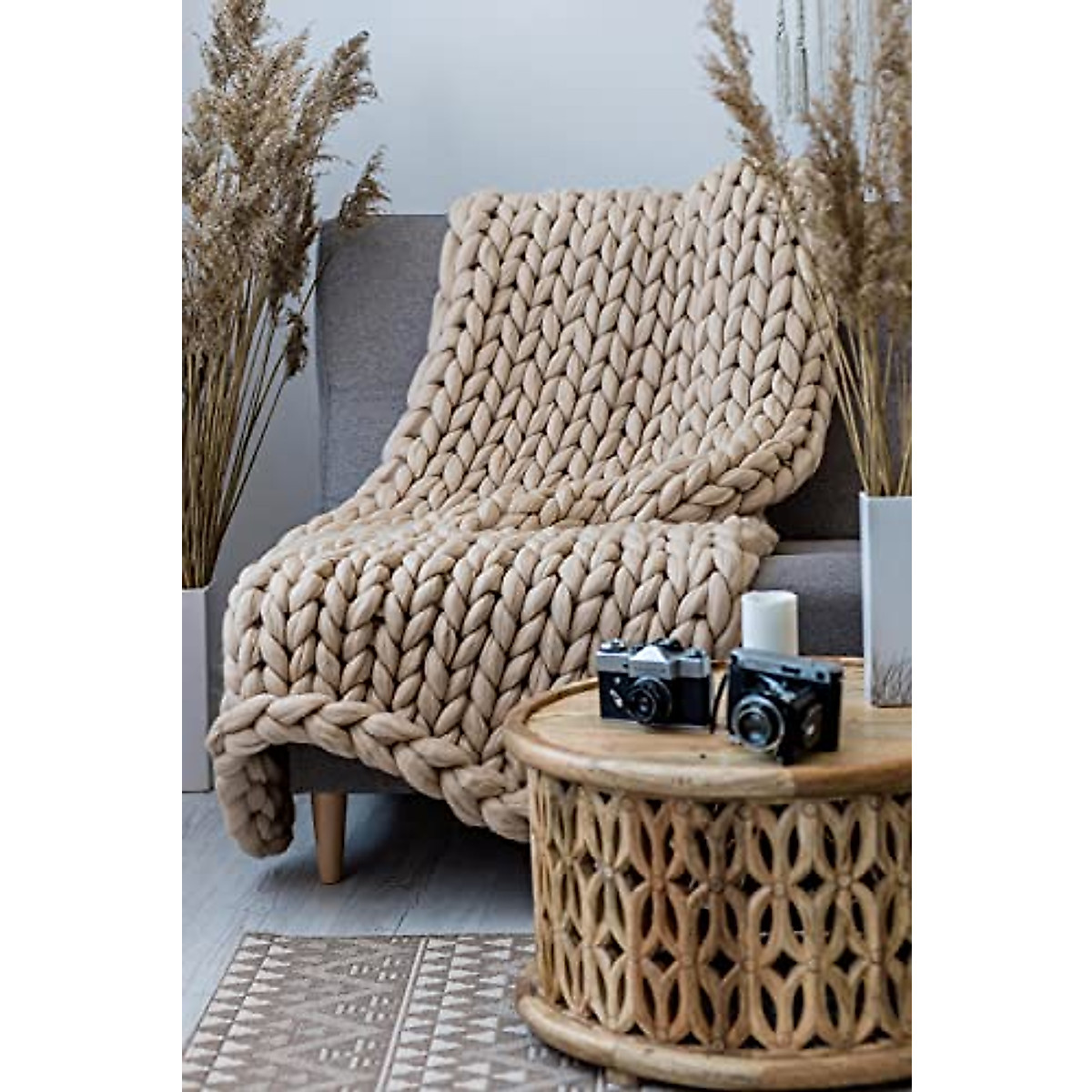 MLMGUO Knitted Throw Blanket for Sofa,Handmade Knit Chunky Blanket Throw Sofa Throw for Gift Sofa Bed,Chunky Knit Blanket(Camel 40"x60")