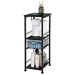 Bathroom Shelf 3 Tier Bathroom Storage Cabinet Freestanding Tower Rack with Drawer Floor Towel Storage Stand with Toilet Paper Hanger Narrow Storage Organizer Rack for Laundry Room Bedroom Black