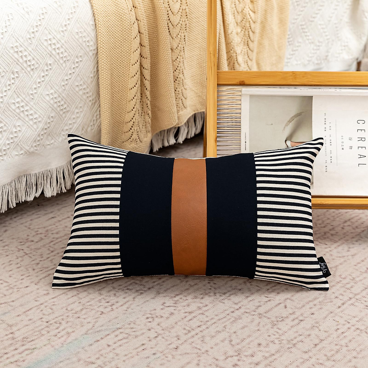 Vfuty Brown and Black Decorative Pillow Cover Set of 2, Farmhouse Stripe Pillow Cover 12x20 Modern Faux Leather Accent Pillow Case for Couch Sofa Bed Boho Patchwork Cushion Cover