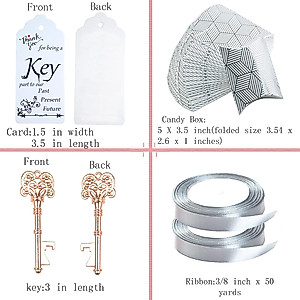 Aokbean 50 Sets Skeleton Key Bottle Openers with Candy Box Wedding Party Favors Souvenir for Guests Escort Gift Card and Ribbon (Rose Gold)