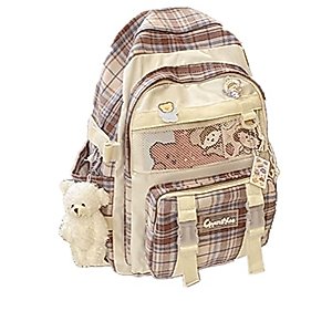 Aoakva Kawaii Plaid Backpack Purple Trendy Travel Bag with Free Cute Bear Pendant (Plaid purple), Regular