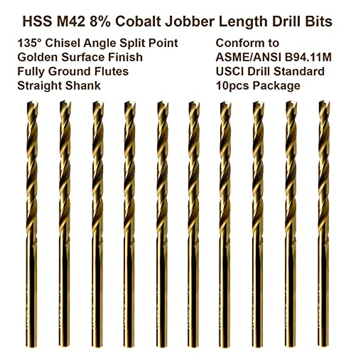 MAXTOOL 1/16" 10pcs Identical Jobber Length Drills HSS M42 Twist Drill Bits 8% Cobalt Fully Ground Golden Straight Shank Drills; JBF42G10R04P10
