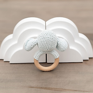 KawaiOnO - Handmade Cotton Crochet Amigurumi Rattler, Educational Baby Stuff, Blue Elephant Stuffed Animals with Wooden Handle, Ideal Baby Boy Stuff for New Moms and Parents