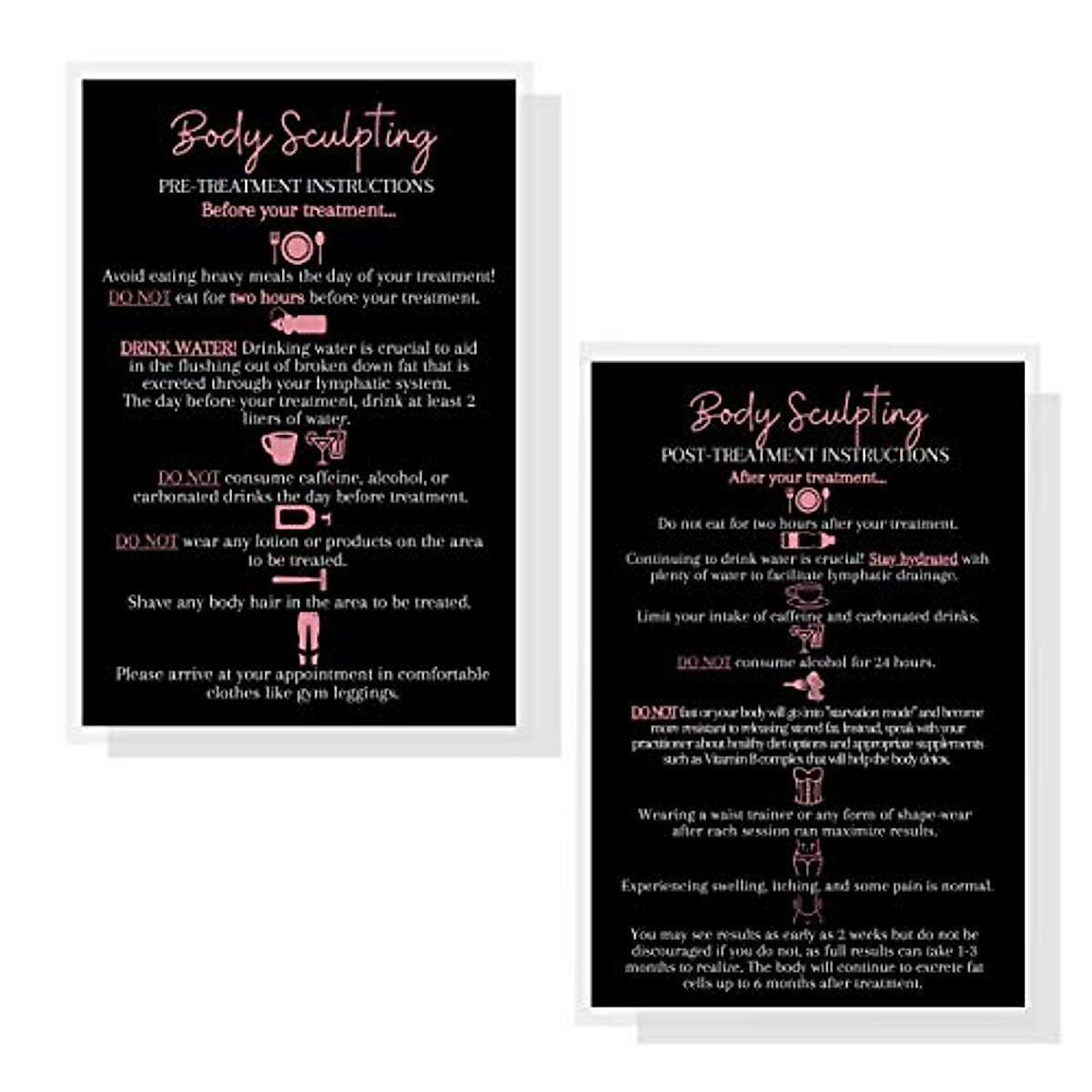 Body Sculpting Pre and Post Treatment Information Cards | 30 Pack | 4x6” inch Large Postcard Size | Black with Rose Gold Design
