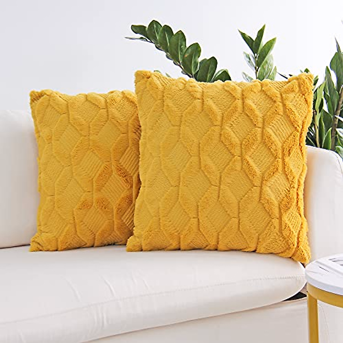JOJUSIS Plush Short Wool Velvet Decorative Throw Pillow Covers Luxury Style Cushion Case Faux Fur Pillowcases for Sofa Bedroom Pack of 2 18 x 18 Inch Yellow