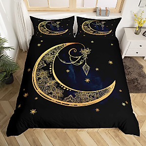 Feelyou Bohemian Duvet Cover Set Queen Size Boho Bedding Set 3D Printed Luxury Stars Moon Print Comforter Cover Microfiber Mandala Bedspread Cover with 2 Pillow Shams Golden Black Ultra Soft Zipper