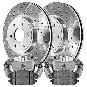 AutoShack Front Drilled and Slotted Brake Rotors Silver Calipers and Ceramic Pads Kit Set Driver and Passenger Side Replacement for Suzuki Equator Nissan Xterra Pathfinder 2005-2022 Frontier BCPKG0634