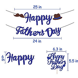 Father's Day Decorations Blue Glitter Happy Father's Day Banner Cake Topper Blue Father's Day Balloons Photo Booth Backdrop Bunting Banner Sign Decor