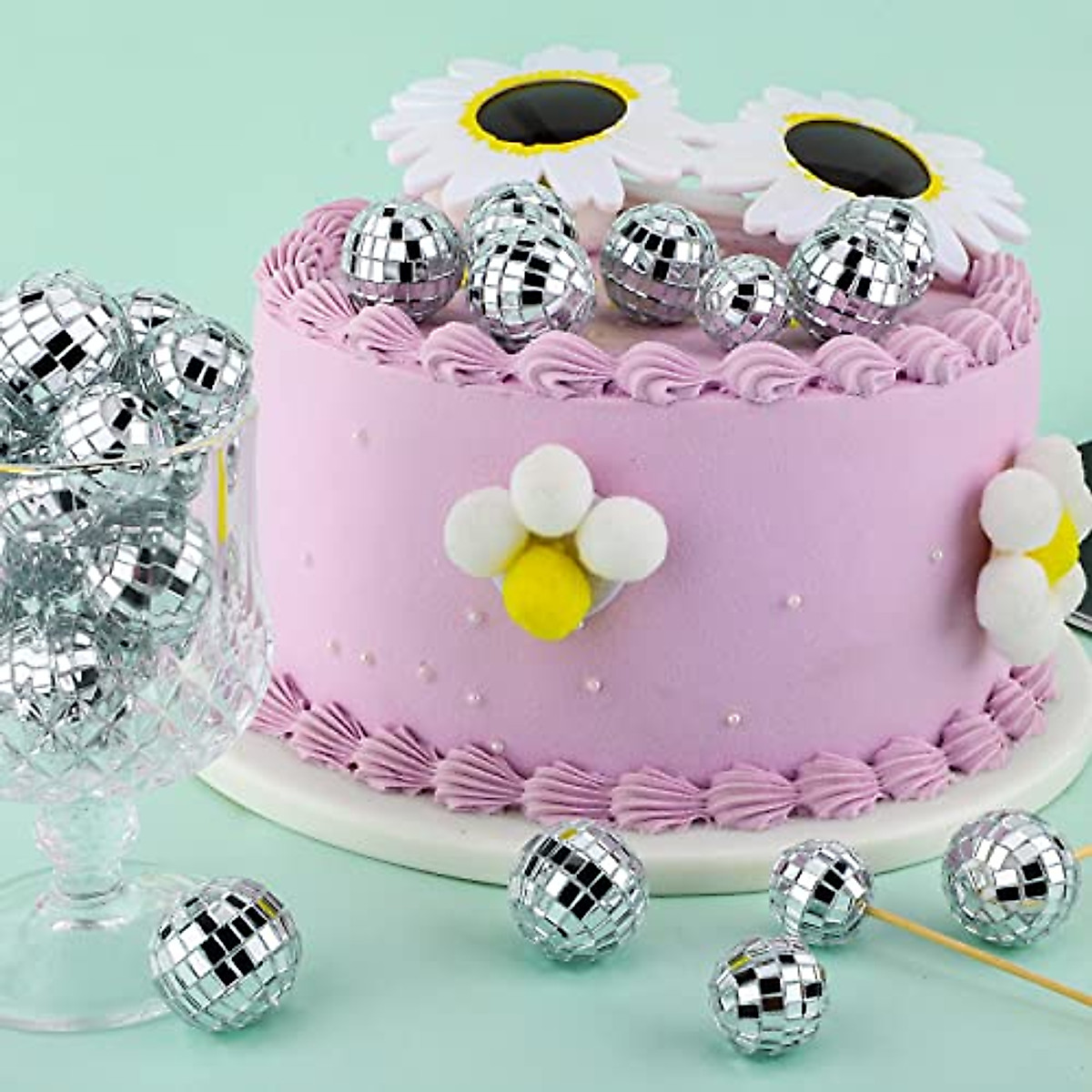 30pcs Disco Ball Cupcake Toppers, Disco Ball with Bamboo Sticks Disco Theme Cake Toppers for Cake Decorations Cupcake Decor Dessert Accessories Disco Party (Silver)