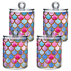 Fustylead 4 Pack Mermaid Scales Qtip Holder Dispensers, Plastic Apothecary Jar Bathroom Accessories Set for Cotton Ball, Swab, Round Pads, Floss