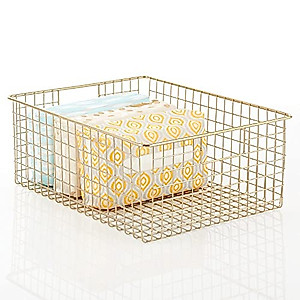 mDesign Metal Wire Bathroom Storage Basket Organizer with Handles - Organize Master/Guest Bathrooms, Linen, Hallway, or Entryway Closets, Bedroom, Laundry Room, Concerto Collection, 4 Pack, Soft Brass