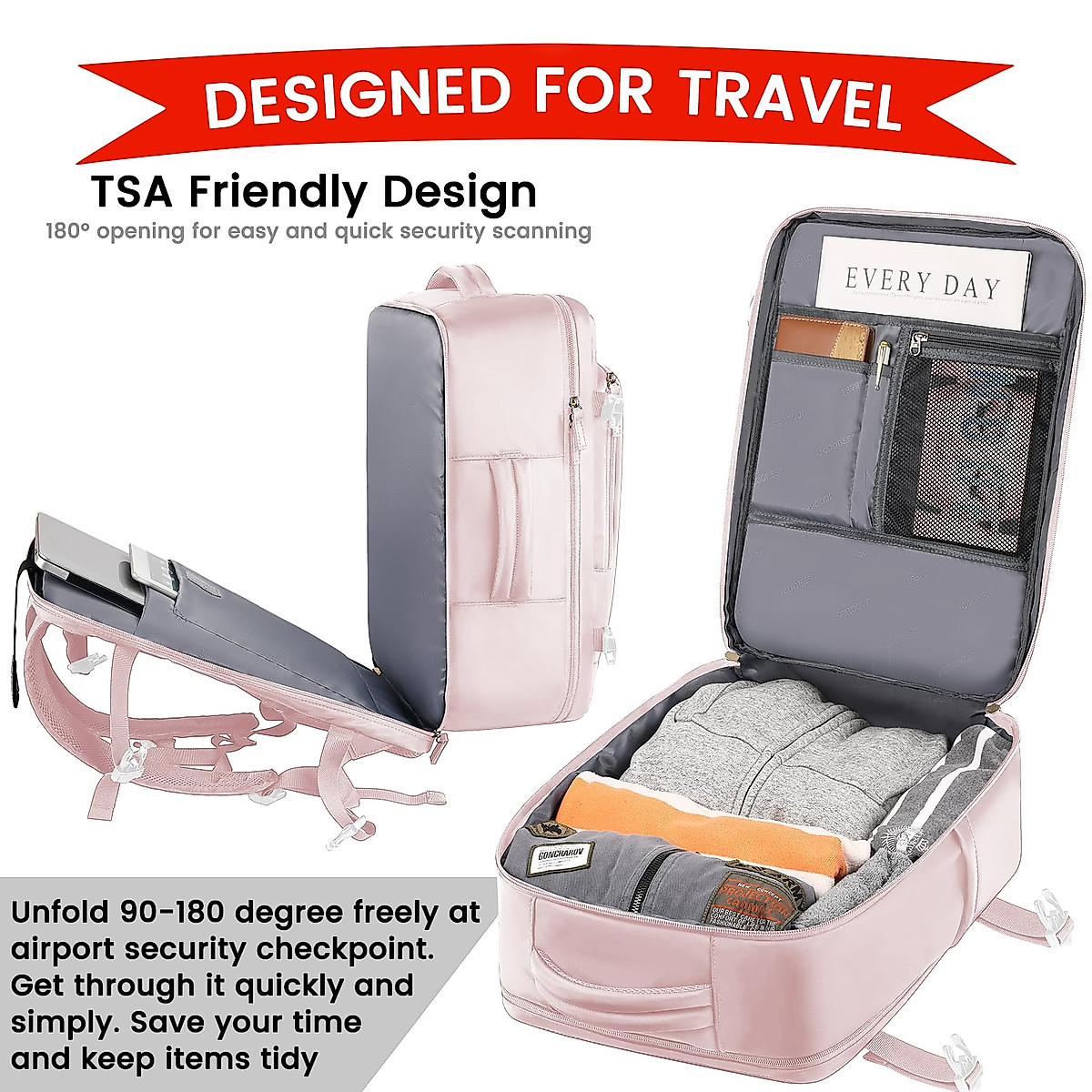 JCDOBEST Travel Backpack for Women, Carry On Backpack with USB Charging Port, TSA 17inch Laptop Backpack Flight Approved, College Nurse Bag Casual Daypack for Weekender Business Hiking, Pink