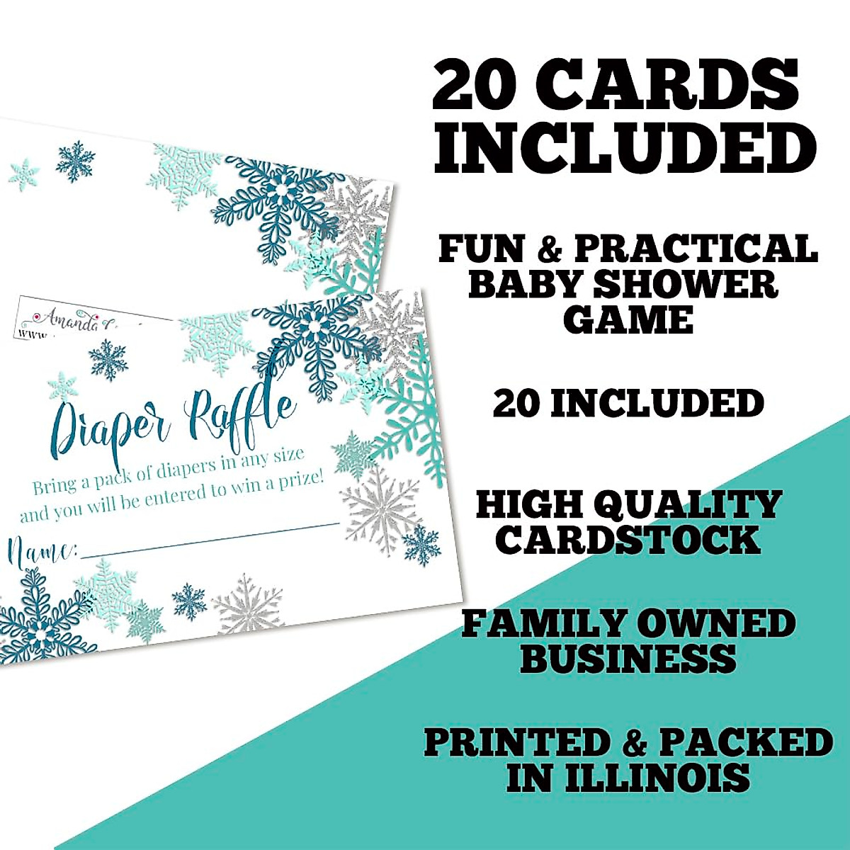 Amanda Creation Blue and Silver Snowflake Diaper Raffle Tickets for Boy Baby Showers, 20 2" X 3” Double Sided Insert Cards for Games, Bring a Pack of Diapers to Win Favors & Prizes!