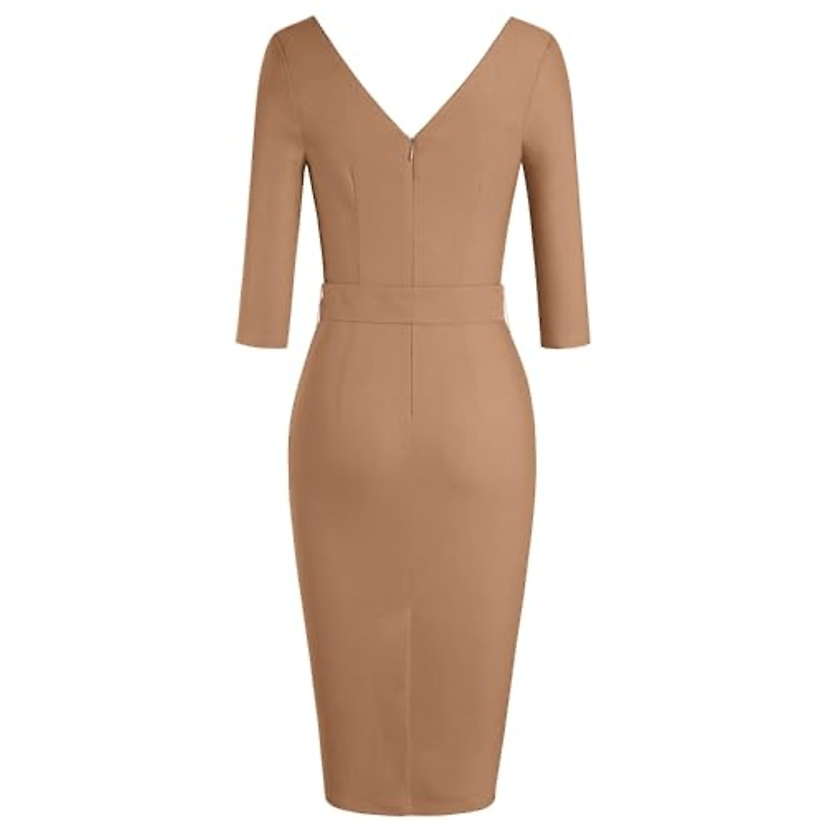 MUXXN Ladies Retro Cut Out Neck Elbow Sleeves Graduation Party Pencil Dress (Camel L)
