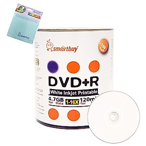Smartbuy 100-disc 4.7GB/120min 16x DVD+R White Inkjet Hub Printable Blank Media Disc + Free Micro Fiber Cloth