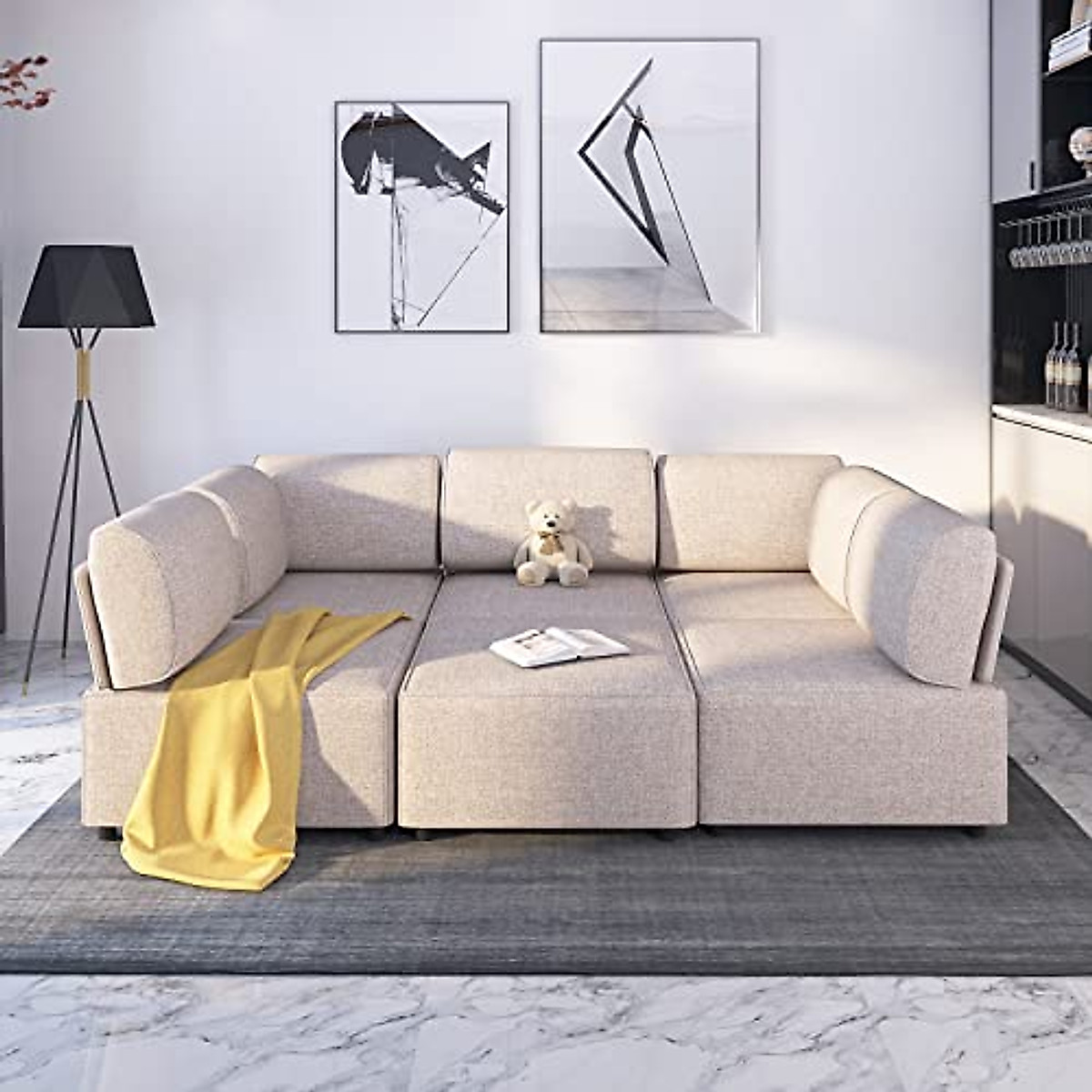 CECER U Shaped Modular Sectional Sofa, Convertible L Shaped Couch Sofa, Queen Sleeper Sofa, Variable Modular Oversized Couches for Living Room, (Beige)