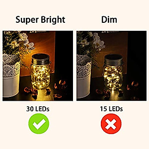 Solpex Solar Mason Jar Lights 30 LEDs, 6 Pack Fairy Hanging Solar Outdoor String Lights with Jars and Hangers, Waterproof Decorative Fairy Solar Lantern Lights for Garden Balcony Patio- Warm White