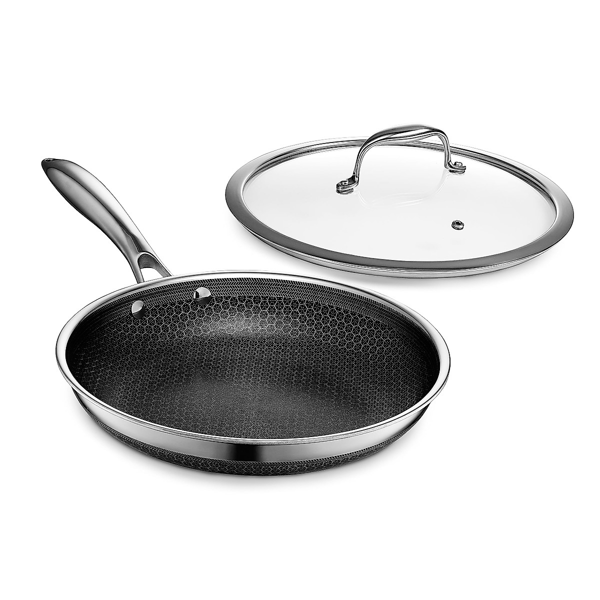 HexClad Hybrid Nonstick 10-Inch Fry Pan with Tempered Glass Lid, Stay-Cool Handle, Dishwasher and Oven Safe, Induction Ready, Compatible with All Cooktops