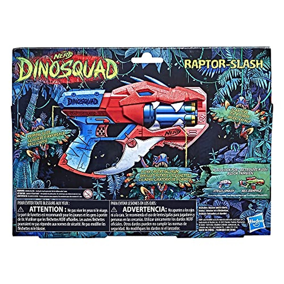 NERF DinoSquad Raptor-Slash Dart Blaster, 6-Dart Rotating Drum, Slam Fire Action, 6 Official Elite Darts, Velociraptor Dinosaur Design