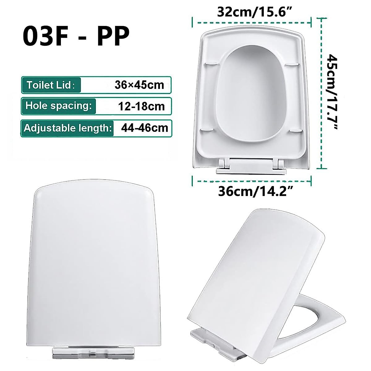 Gavilion Square Slow Close Toilet Seat, White PP Toilet Seat with Top Fixing Hinge, Quick Release Easy Cleaning, Rectangular Toilet Lid