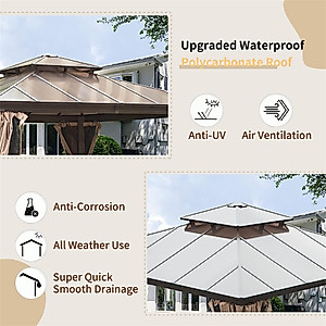 DHPM 12'x12' Hardtop Gazebo, Outdoor Polycarbonate Double Roof Canopy, Aluminum Frame Permanent Pavilion with Curtains and Netting, Sunshade for Garden, Patio, Lawns