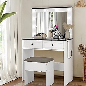 elifine 30" Vanity Desk with Mirror and Lights - Farmhouse Makeup Vanity Table and Chair Set, Compact Makeup Desk with 2 Drawers & Power Outlet for Women Girls (BW1 with Stool)