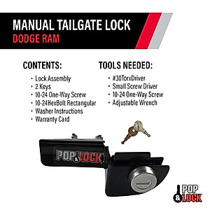 POP & LOCK – Manual Tailgate Lock for Dodge Ram 1500, 2500, and 3500, Fits 1994 to 2001 (Black, PL3300, Works with No Factory Lock)