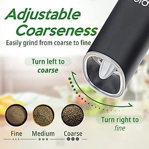 Picolife Portable Electric Pepper Mill - Coarseness Adjustable Stainless Steel Automatic Operation Grinder with Gravity Sensor & Blue Light, Battery Powered