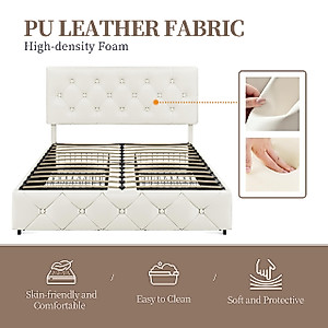 Yaheetech Queen Upholstered Bed Frame with 4 Drawers and Adjustable Headboard, Faux Leather Platform Bed with Mattress Foundation Strong Wooden Slats Support, No Box Spring Needed, Beige