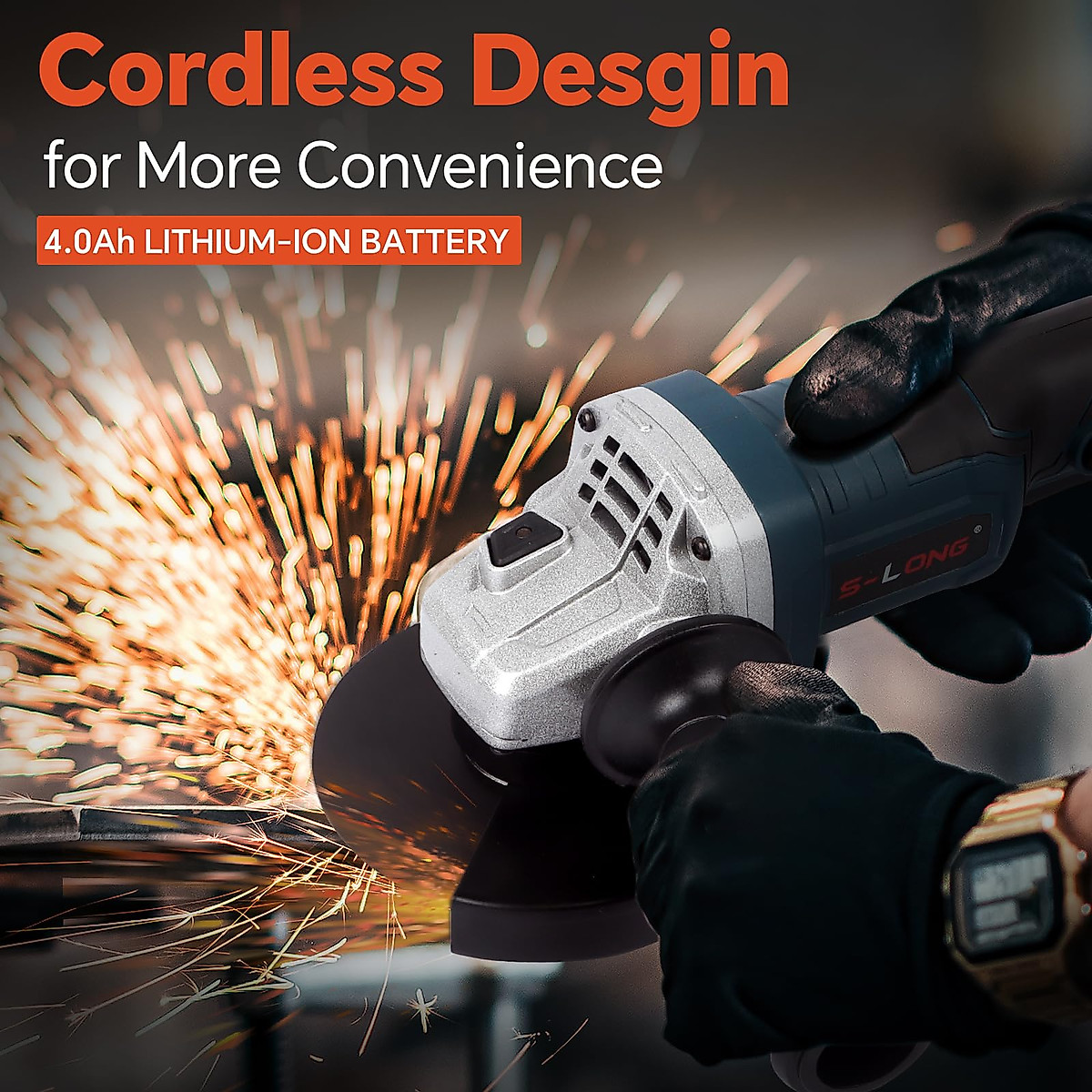 S-LONG Cordless Angle Grinder with 4.0AH Batterie, 20V Power Angle Grinder Tools with Fast Charger, 9000 RPM Brushless Motor Metal Grinder, 4-1/2'' Cutting Wheels, Flap Disc for Cutting