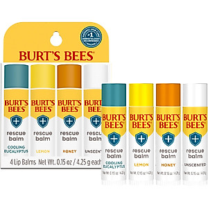 Burt's Bees 100% Natural Origin Rescue Lip Balm, Cooling Eucalyptus, Lemon, Honey, Unscented, 4 Tubes, Pack May Vary