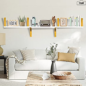 Y&M Floating Wall Shelves, Set of 3 Rustic Pine Wood Wall Mounted Shelf with Gold Metal Brackets, Decorative Storage for Bedroom, Bathroom, Modern Kitchen Living Room Storage & Decoration - White