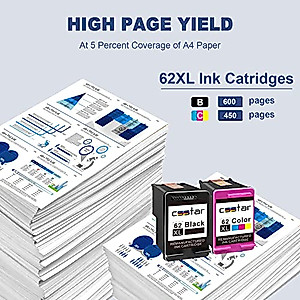 CSSTAR Remanufactured 62XL Ink Cartridges Replacement for HP Ink 62 Combo Pack Use with Envy 6000 6055 5000 7640 6455e 7646 5540 7645 5660 4512 5530 OfficeJet 8040 8045 Printer (1 Black, 1 Color)