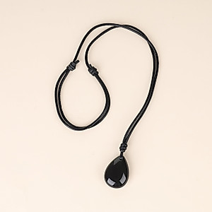COAI Adjustable Leather Cord Teardrop Black Obsidian Necklace
