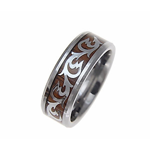 Arthur's Jewelry Genuine inlay Hawaiian koa wood shiny scroll band ring tungsten comfort fit 8mm size 9