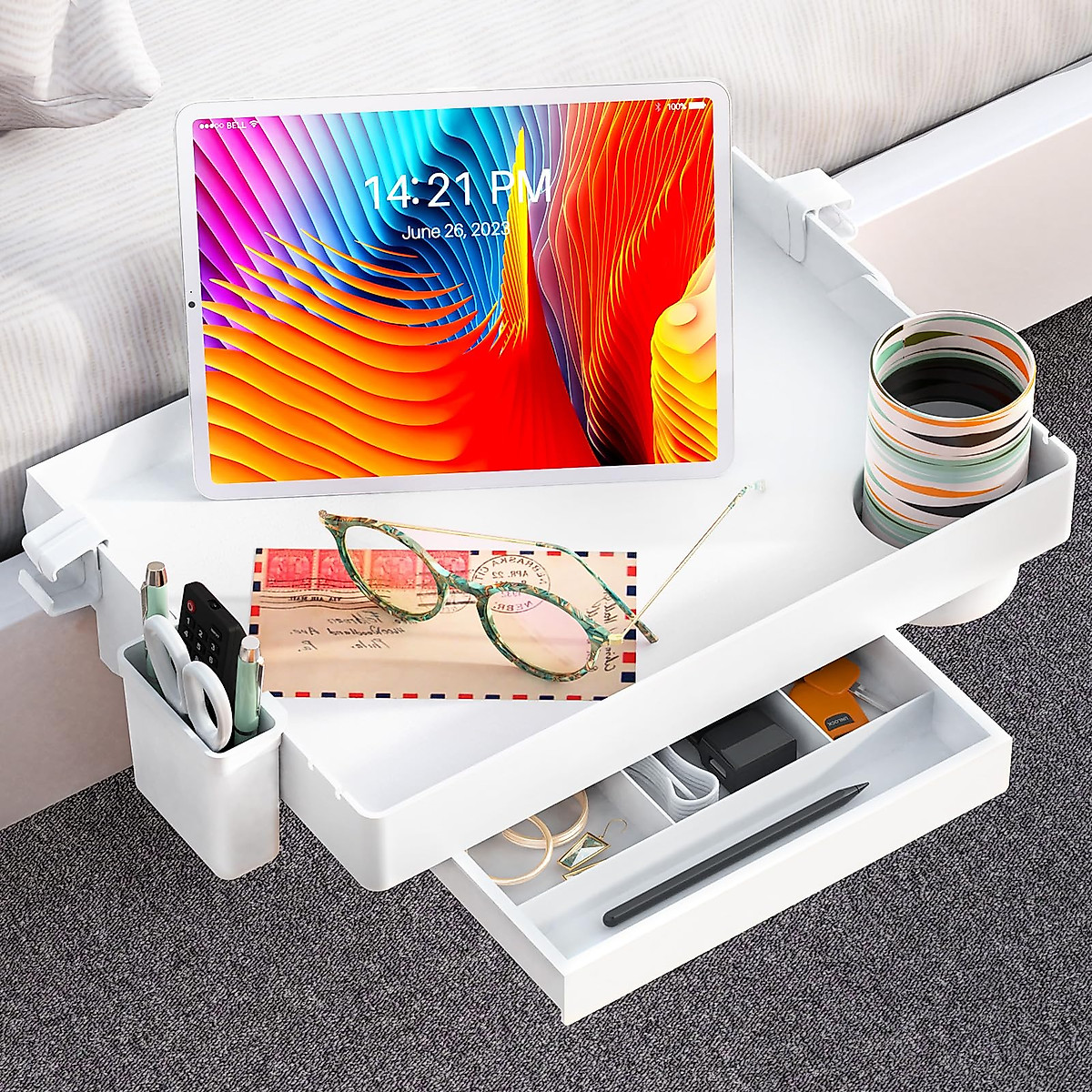 SOLEJAZZ Bedside Shelf for Bed, Foldable Bunk Bed Shelf Clip On Nightstand Tray College Dorm Room Essential Table Caddy with Drawer, Cup & Cord Holder for Top Bunk Organizer Bedroom Nightstand, White