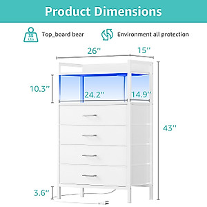 KAI-ROAD White Dresser for Girls Bedroom, 4 Drawer Dresser with LED Light and Charging Station, Tall Nightstand Large Kids Dresser with Open Shelf
