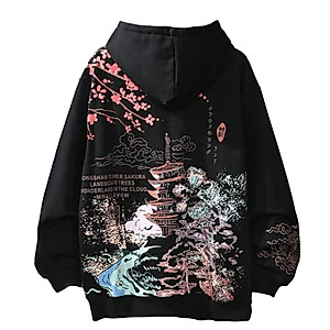 SHINsuke Men Women Y2K Hoodie Japanese Harajuku Hooded Sweatshirt Sakura Temple Korean Long Sleeve Thicken Fleece Loose Tops Pullover (Black,S,Small)