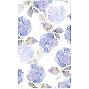 Rose Themed Fitted Mini Crib Sheets,Portable Mini Crib Sheets Soft & Stretchy Fitted Crib Sheet-Crib Mattress Sheet or Toddler Bed Sheet,24“ x38“,Blue White