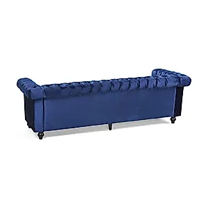 Great Deal Furniture Laura Tufted Chesterfield Velvet 3 Seater Sofa, Midnight Blue and Dark Brown